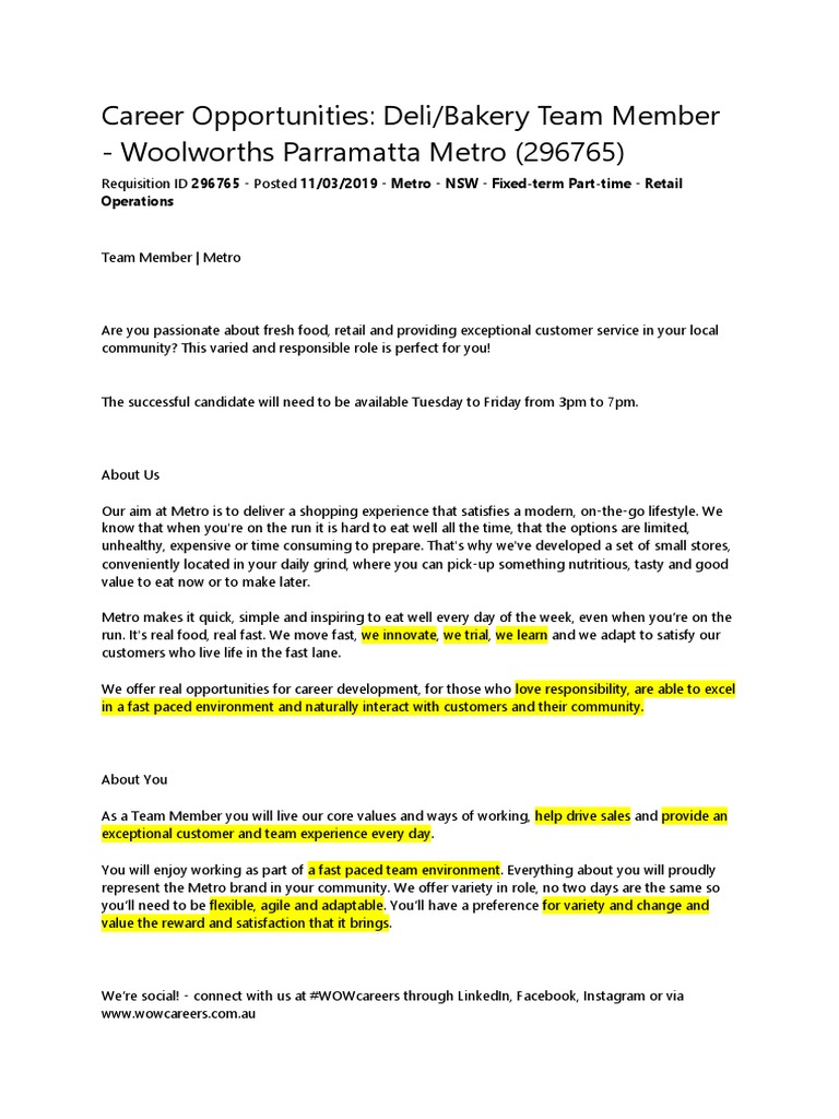 Career Opportunities: Deli/Bakery Team Member - Woolworths Parramatta ...