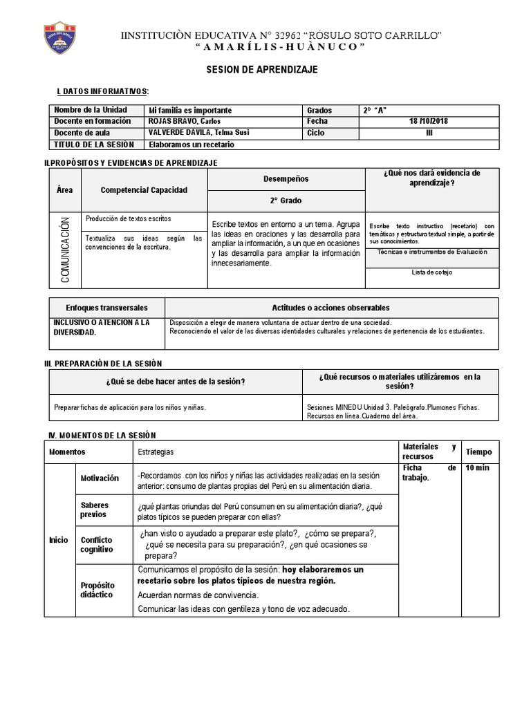 Sesion de Aprendizaje Elaboramos Un Recetario | PDF | Maestros | Aprendizaje