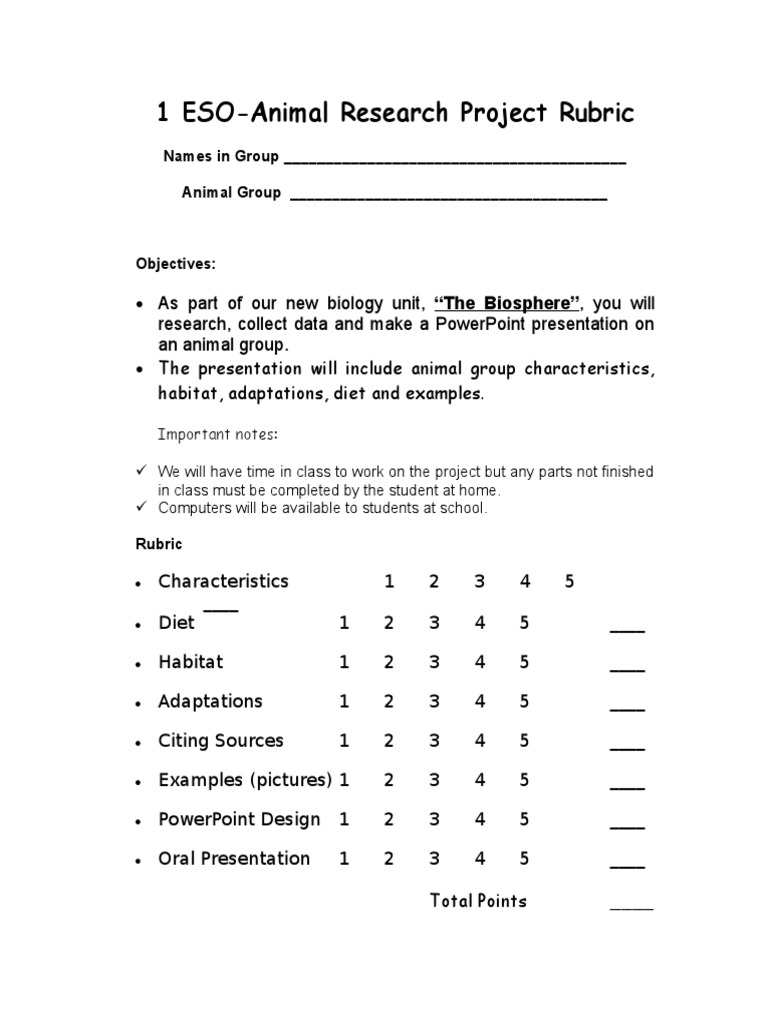 Animal Research Project Rubric | PDF