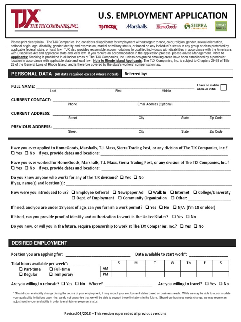 Employment Application U.S. Employment Application: Personal Data | PDF ...