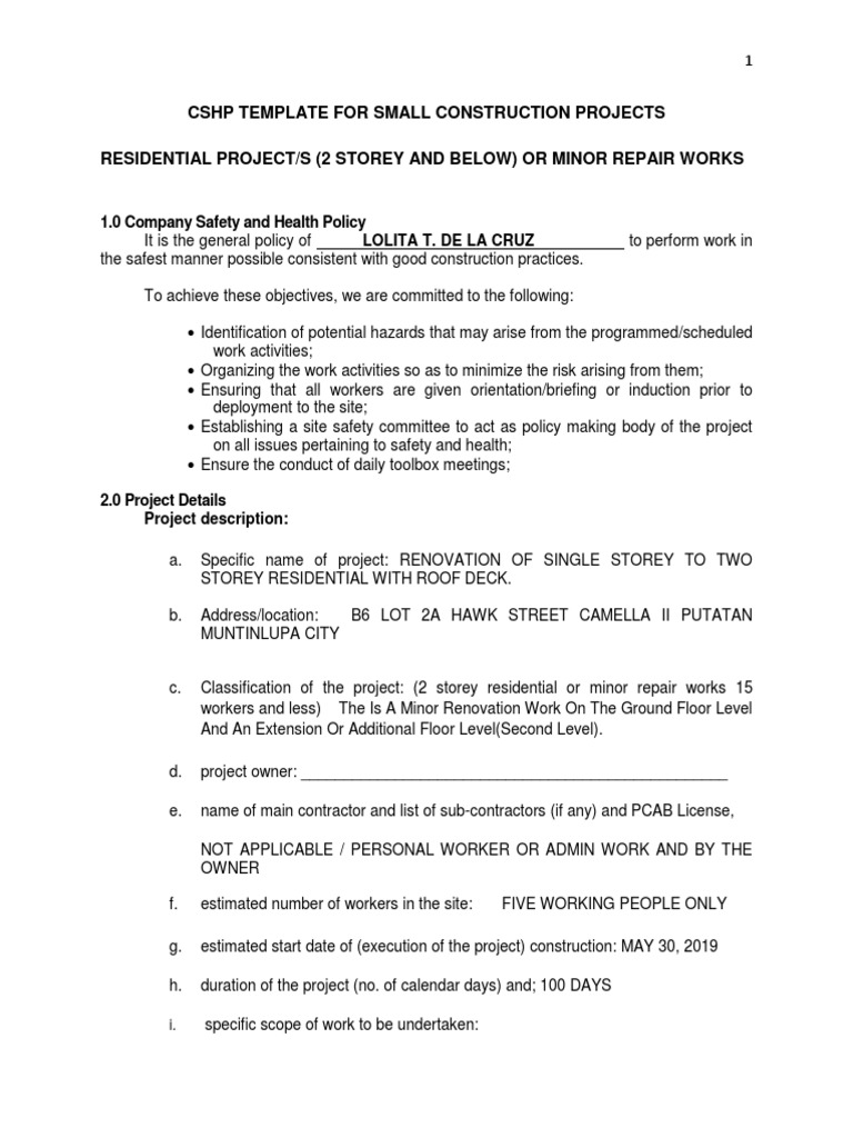 Simplified CHSP For Two Storey Residential House | PDF | Personal ...
