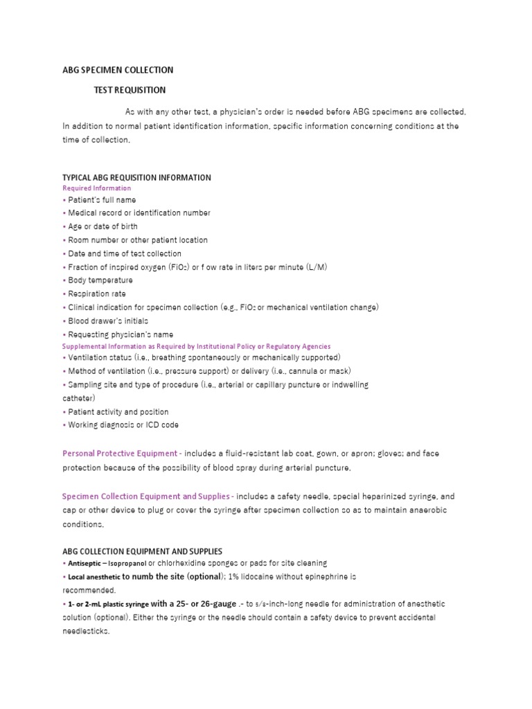 Abg Specimen Collection | PDF | Syringe | Breathing