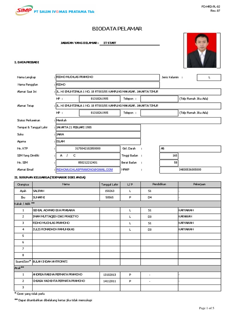 Biodata Pelamar | PDF