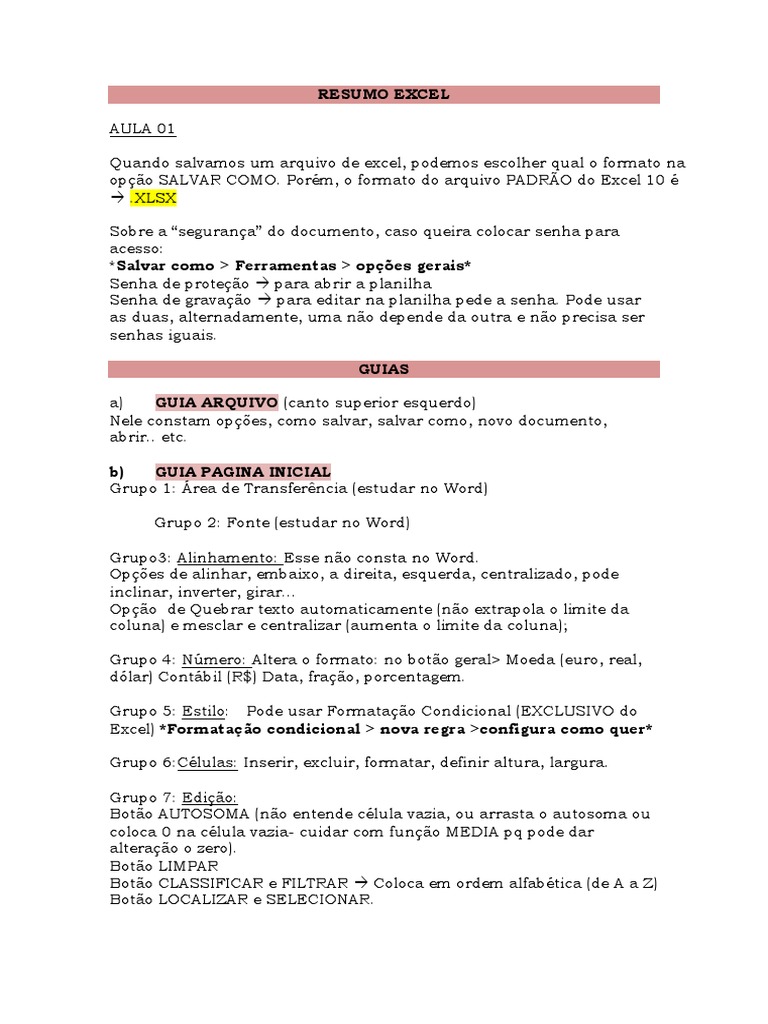 Resumo Excel | PDF | Microsoft Excel | Planilha