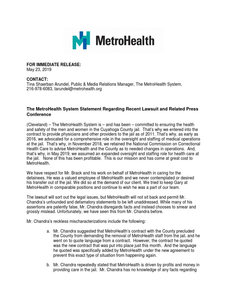 MetroHealth Statement 5/23/19 | PDF | Hospital | Emergency Department