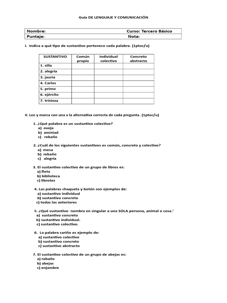 Tipos de Sustantivos: Guía para Tercero Básico | PDF | Sustantivo ...