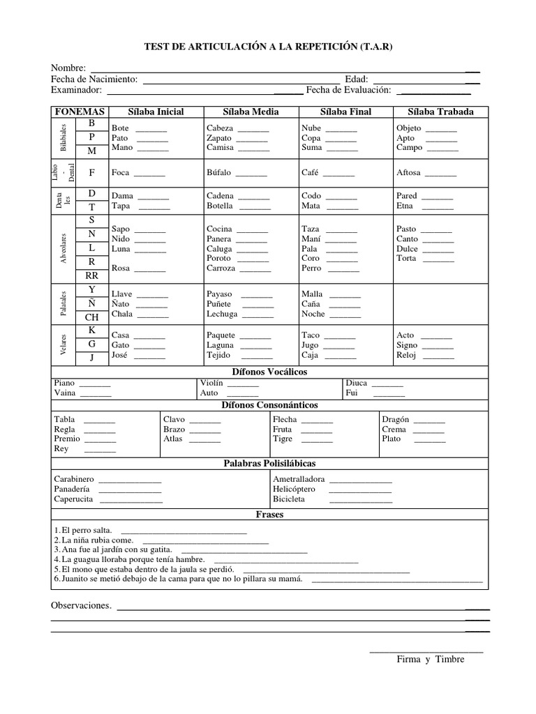 Tar - Protocolo de Articulacion PDF | PDF | Voz humana | Fonología
