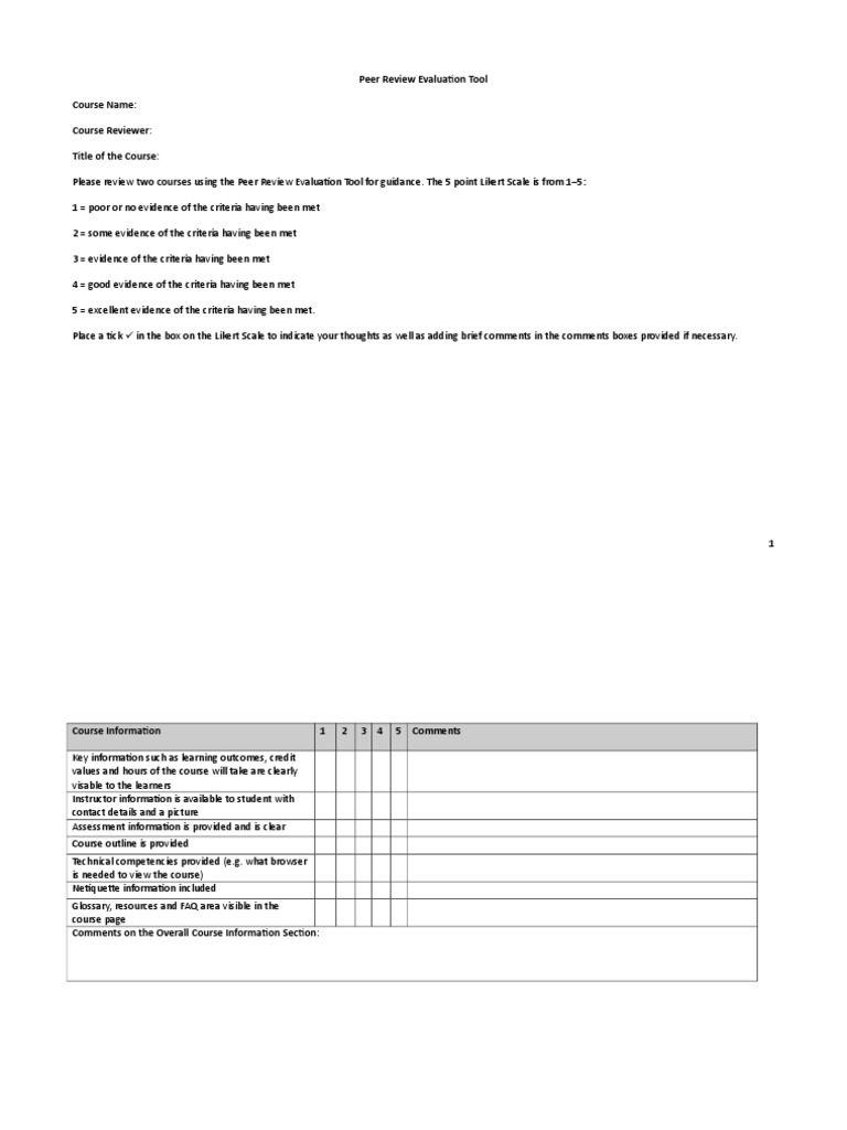 Peer Review Evaluation Tool Course Name: Course Reviewer: Title of The ...