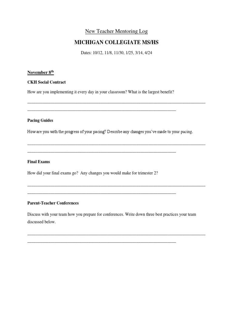 New Teacher Mentoring Log Template | PDF | Education Theory | Behavior ...