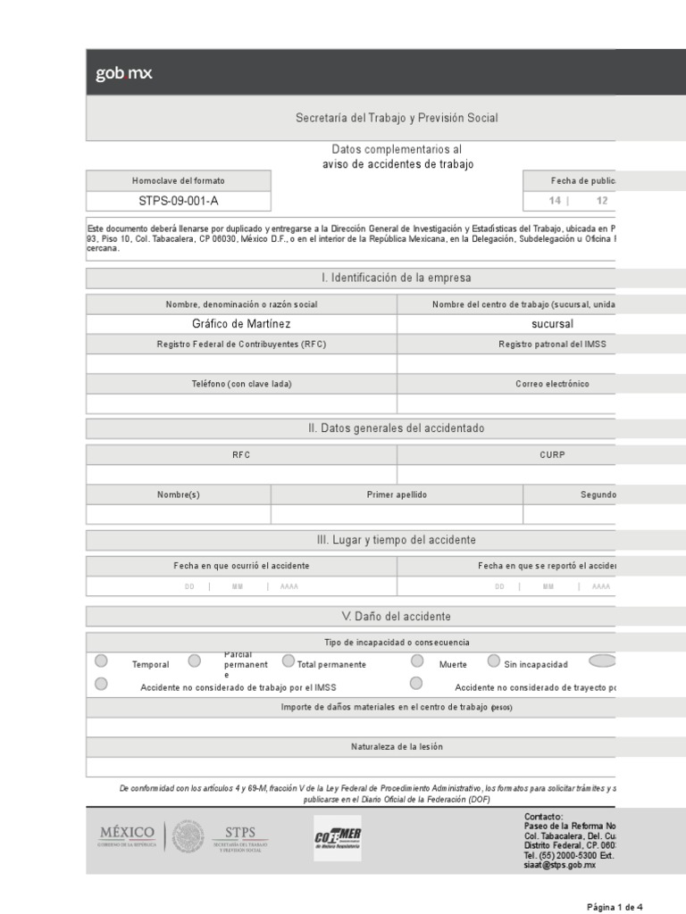 STPS Formato de Datos Complementarios Al Aviso de Accidentes de Trabajo ...