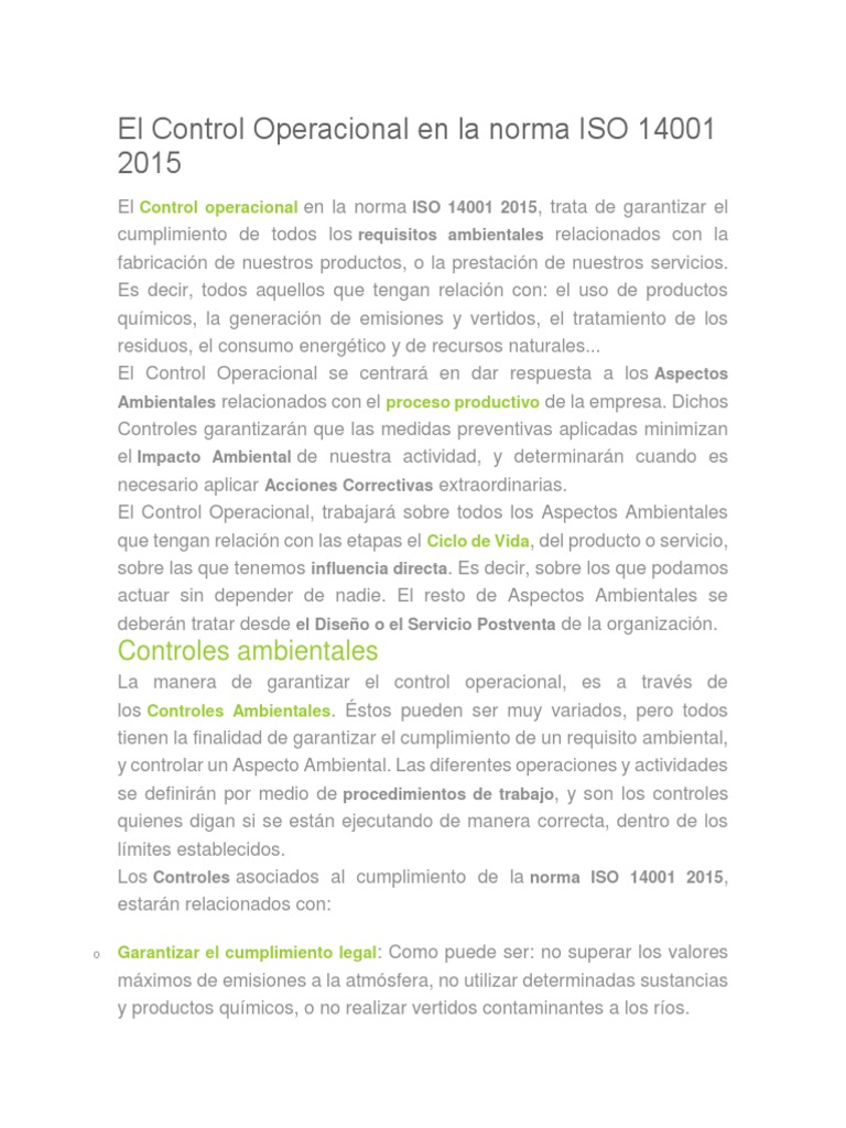 Control Operacional ISO 14001 2015 | PDF | Consumo (economía) | Residuos