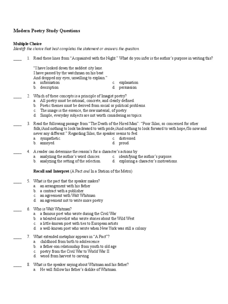 Modern Poetry Study Questions | PDF | Walt Whitman | Poetry