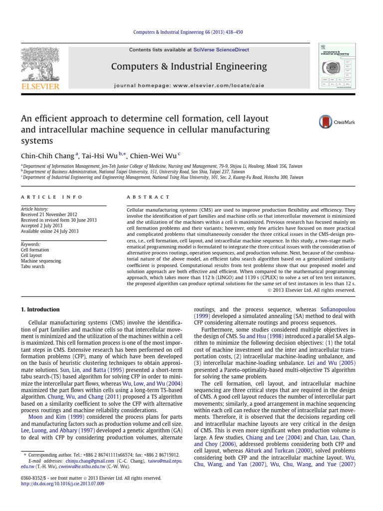 Cell Formation, Cell Layout and Intracellular Machine Sequence in Cellular Manufacturing Systems ...