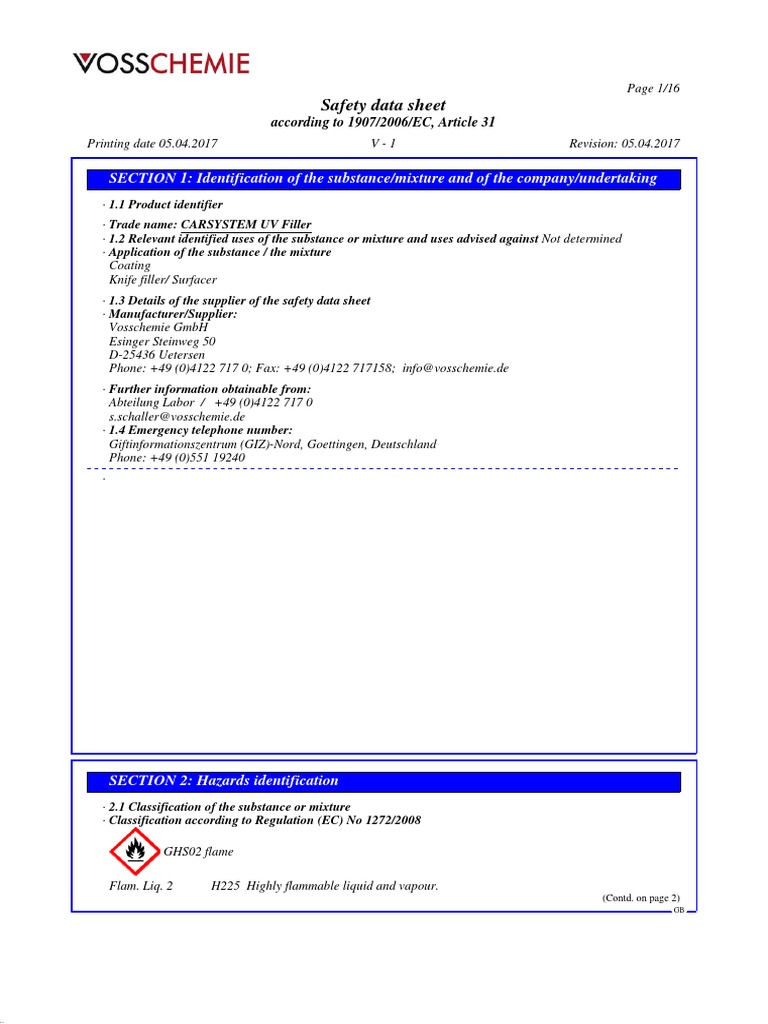 UV Filler SDS Sheet | PDF | Firefighting | Toxicity