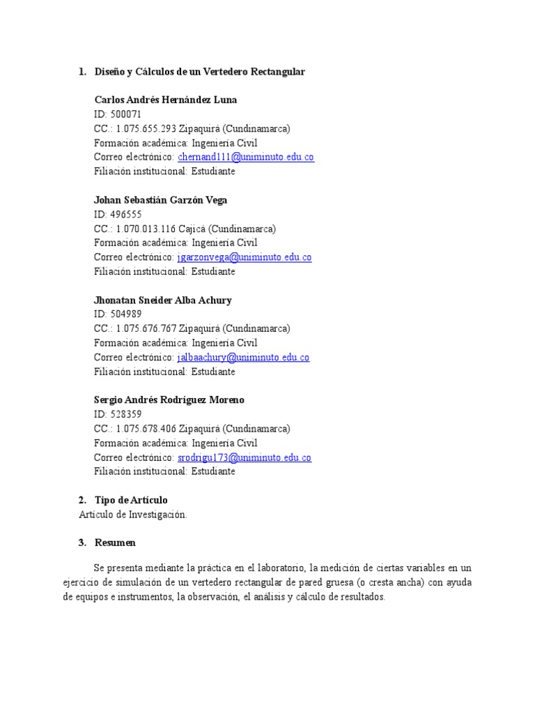 Cálculos y Diseño de Vertedero Rectangular | PDF | Descarga (hidrología ...
