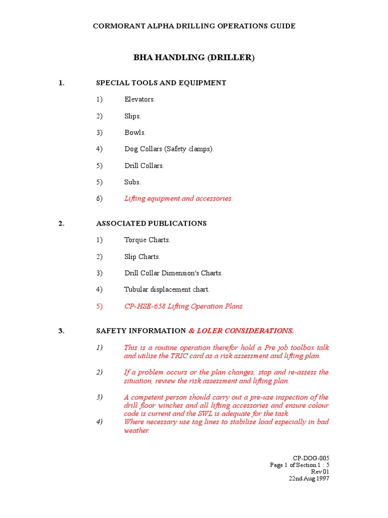Bha Handling (Driller) : 1) Elevators. 2) Slips. 3) Bowls. 4) Dog ...