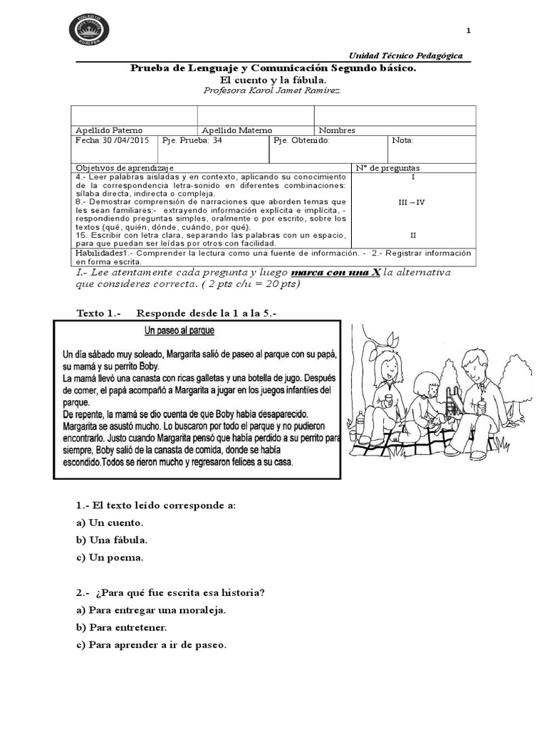 Prueba de Lenguaje y Comunicación Segundo básico