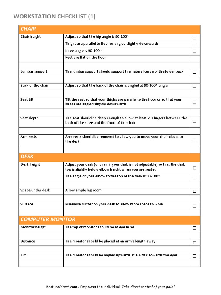 Workstation Checklist (1) : Chair | PDF | Chair | Desk