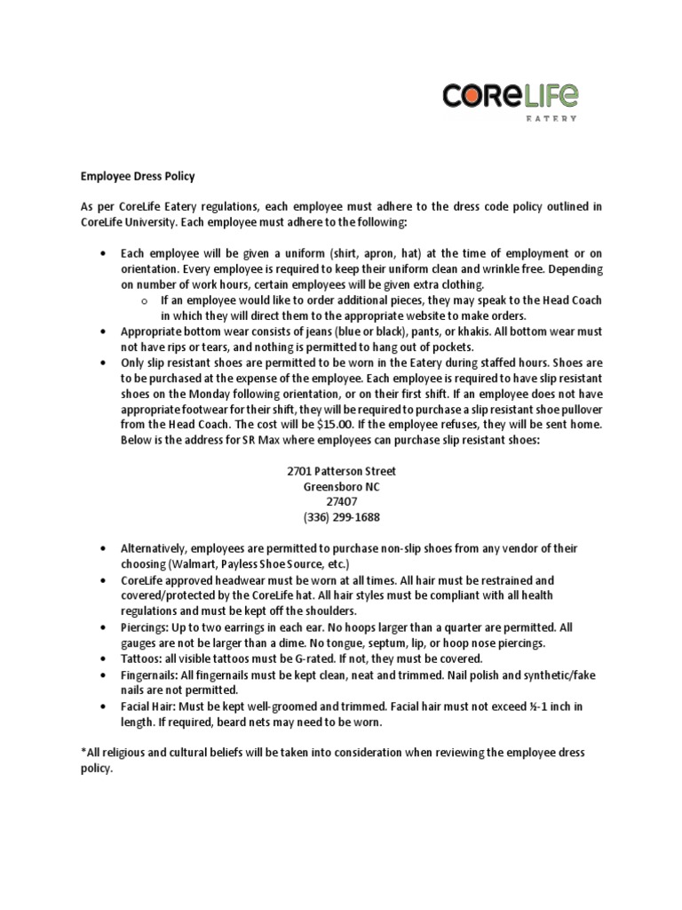 Employee Dress Policy | PDF | Clothing | Shoe