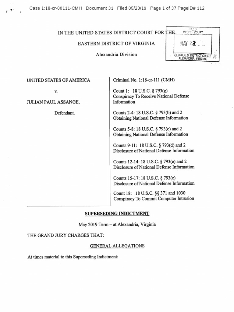 Julian Assange 18 Count Indictment Pdf Wiki Leaks Classified