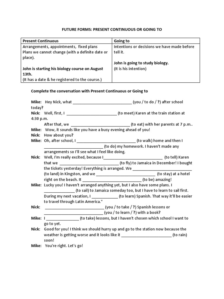 Future Forms Going To Vs Present Continuous 2 Pdf
