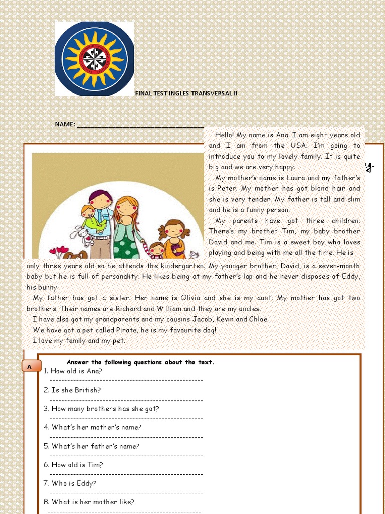My Lovely Family Reading Comprehension Exercises 10557 | PDF | Family ...