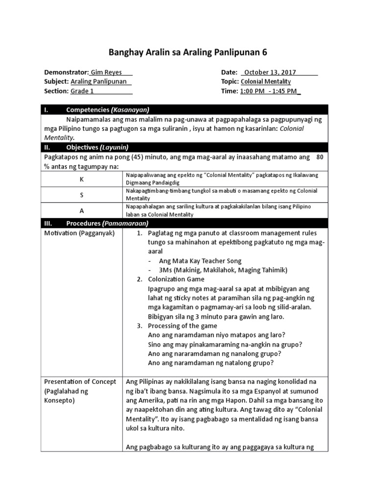 Banghay Aralin Sa AP 6 - Gim Reyes | PDF