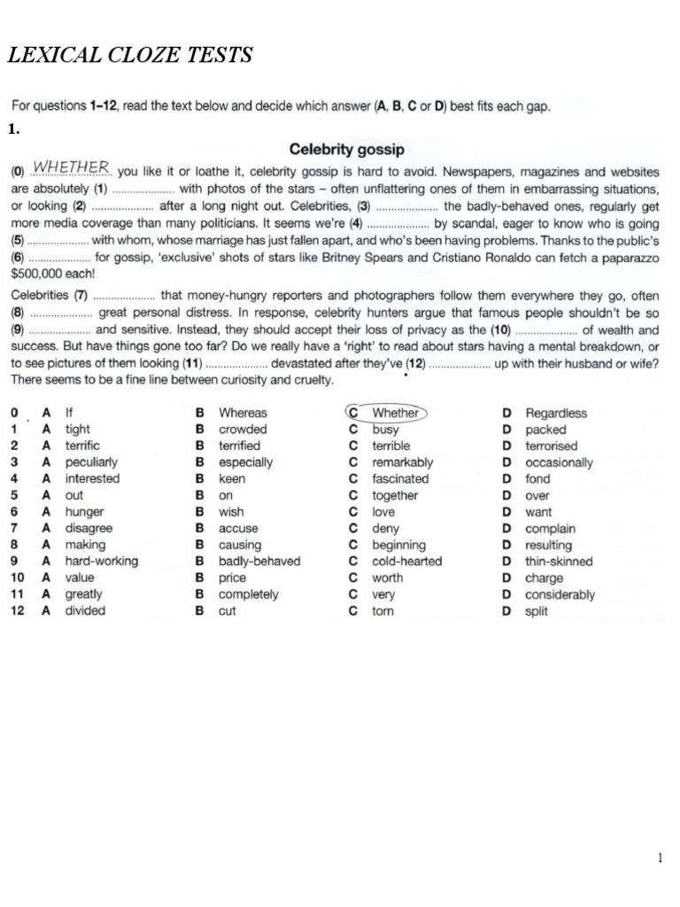 LEXICAL CLOZE TESTS With Key and Explanation Luyen Thi THPT QG | PDF ...
