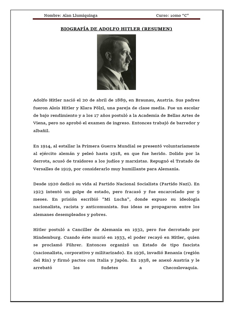 Biografía resumida de Adolfo Hitler | PDF