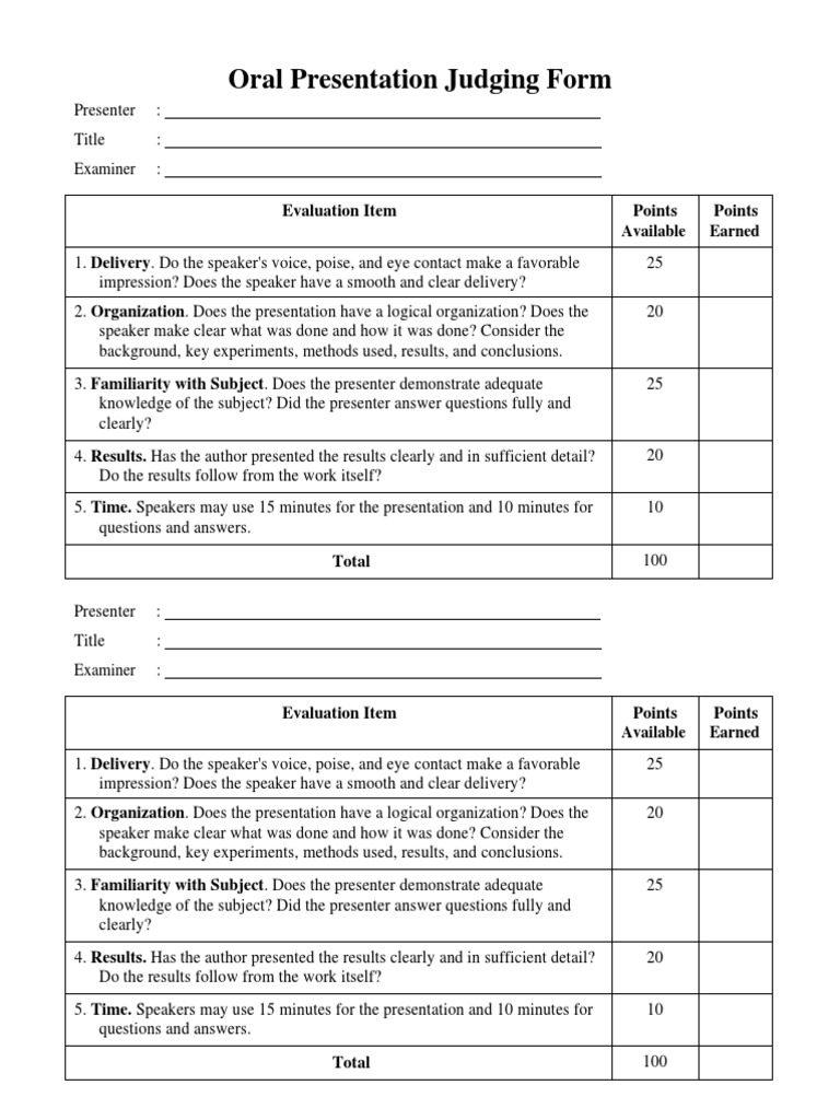 Oral Presentation Judging Form: Evaluation Item Points Available Points ...