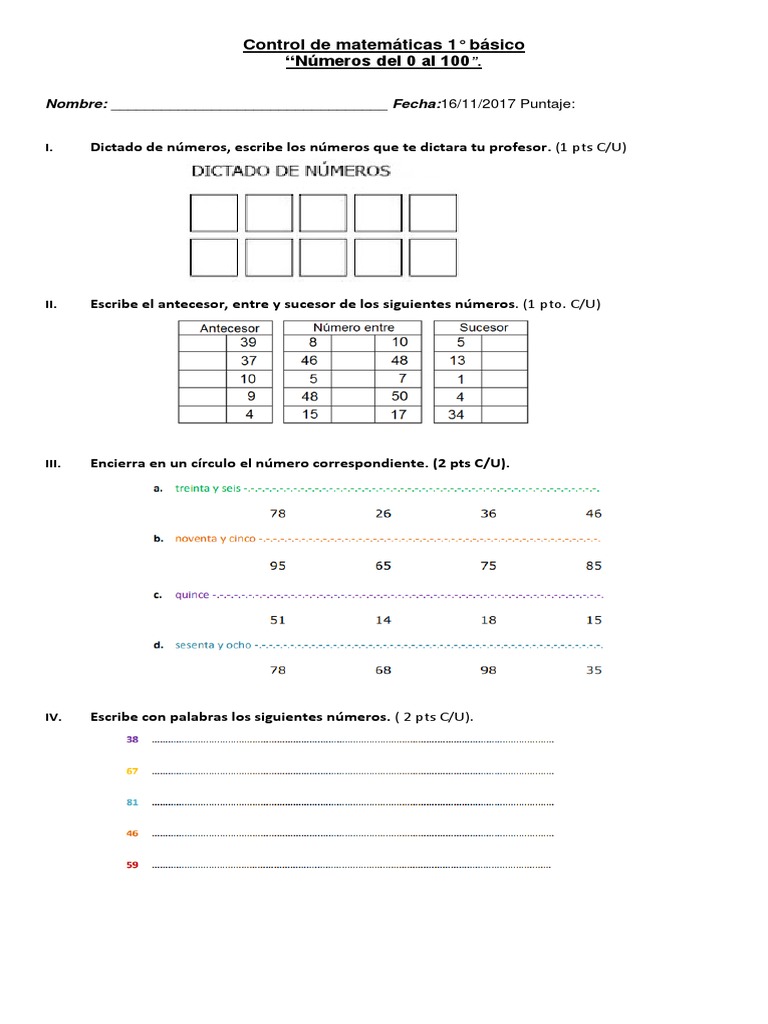 Control de Numeros Del 0 Al 100. | PDF