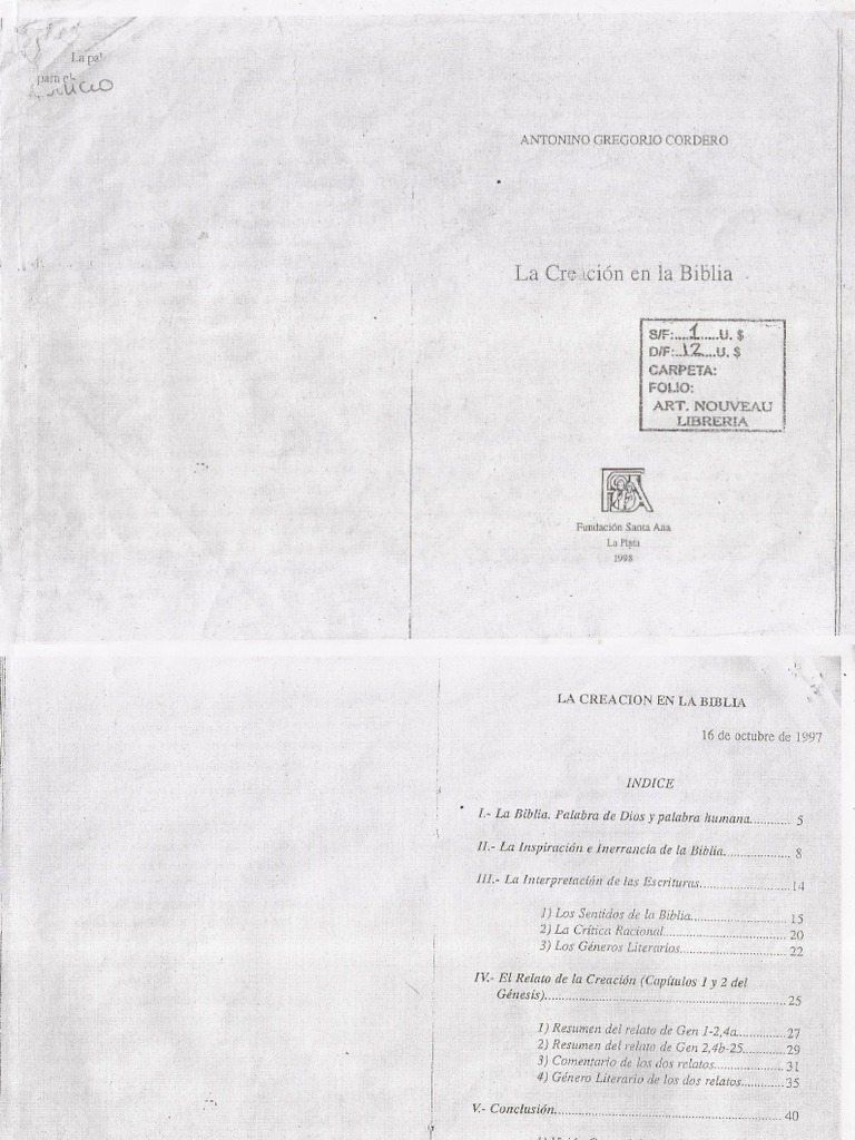 La Creación en La Biblia Antonino Gregorio Cordero Fund59405 | PDF