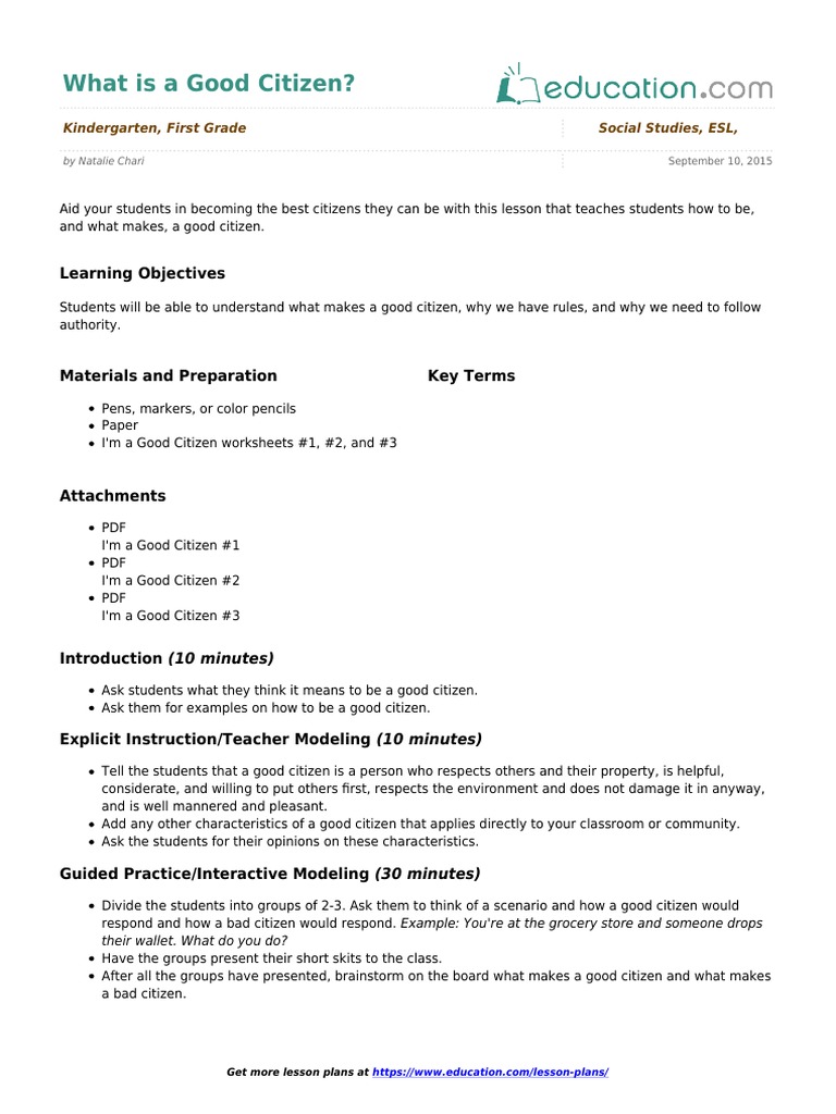 What Is A Good Citizen Lesson Plan | PDF | Lesson Plan | Citizenship