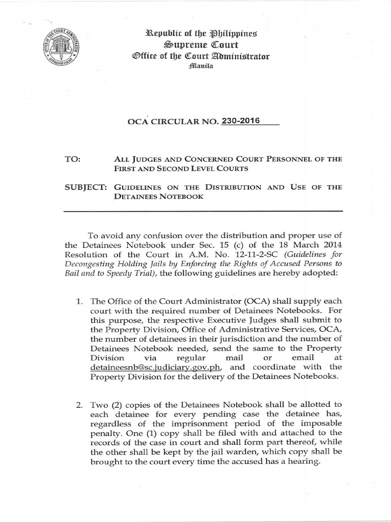 OCA-Circular-No.-230-2016 - Detainees Notebook PDF | PDF