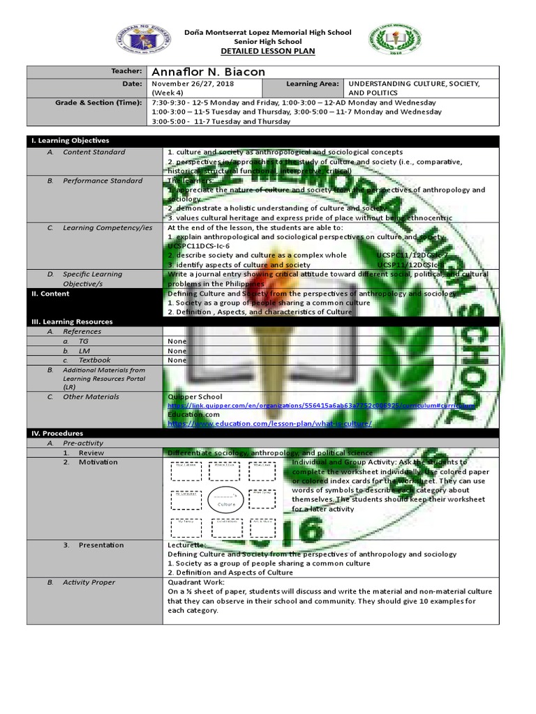 UCSP LP Lesson 4 Definition Characteristics of Culture | PDF ...