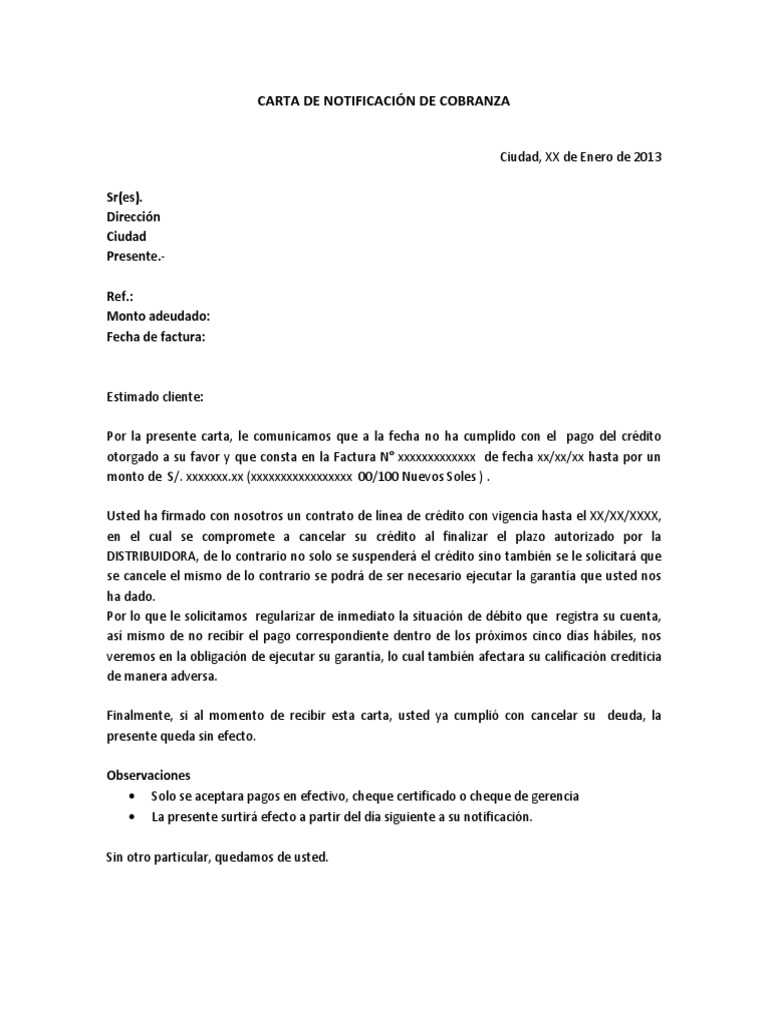 Carta de Notificación de Cobranza - Deudas Con Contrato