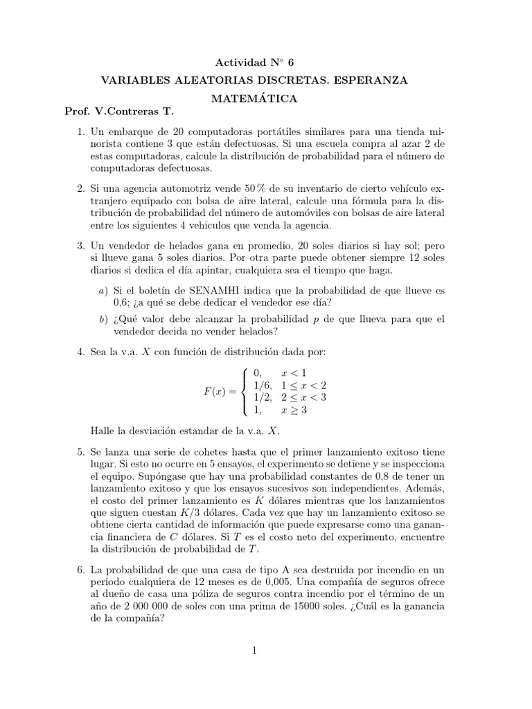 Ejercicios de Variables Aleatorias Discretas. Esperanza | Descargar gratis PDF | Variable ...