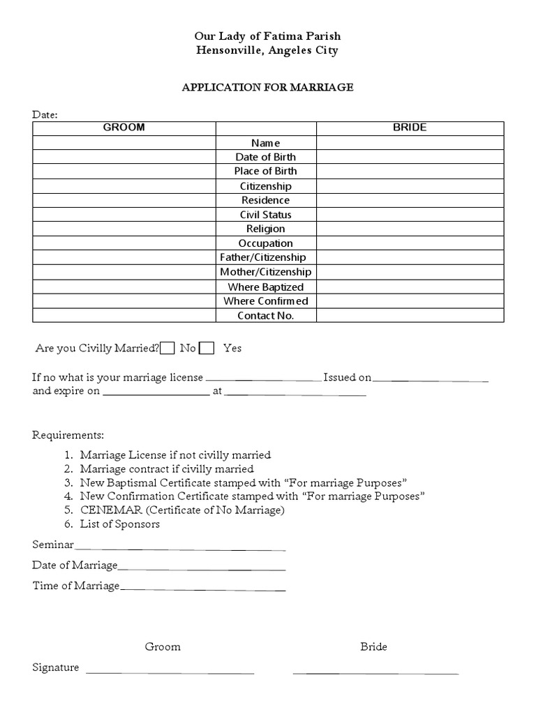 Marriage Application Form - Our Lady of Fatima | PDF | Law