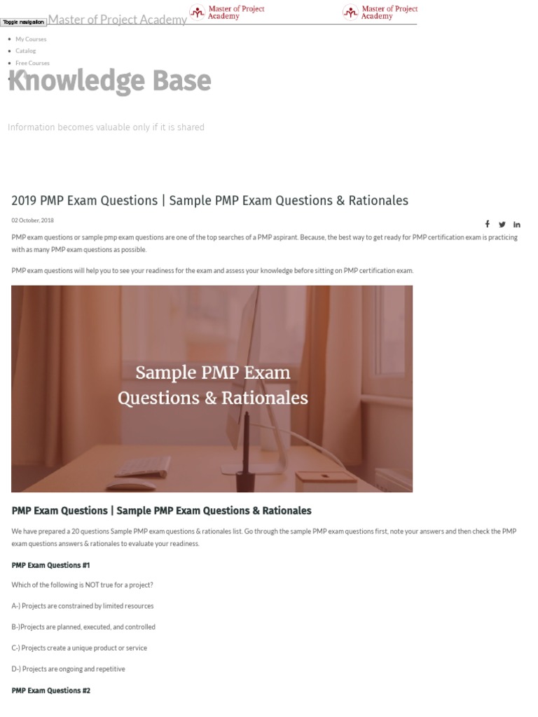 2019 PMP Exam Questions - Sample PMP Exam Questions & Rationales | PDF ...