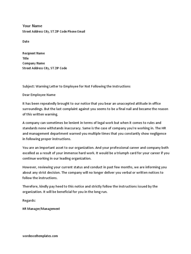 Warning Letter To Employee For Not Following Instructions | PDF