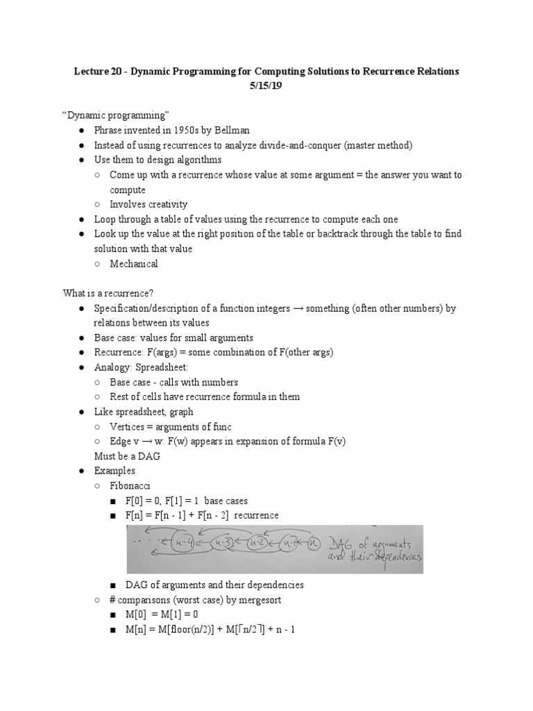 Lecture 20 Dynamic Programming For Computing Solutions To Recurrence Relations 51519 Pdf