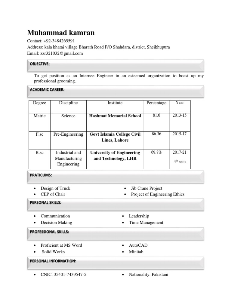Muhammad Kamran: Objective | PDF