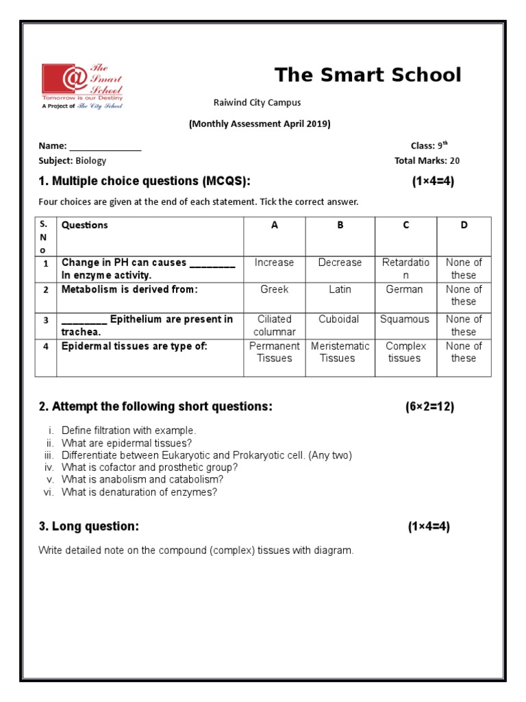 The Smart School: 1. Multiple Choice Questions (MCQS) : (1×4 4) | PDF