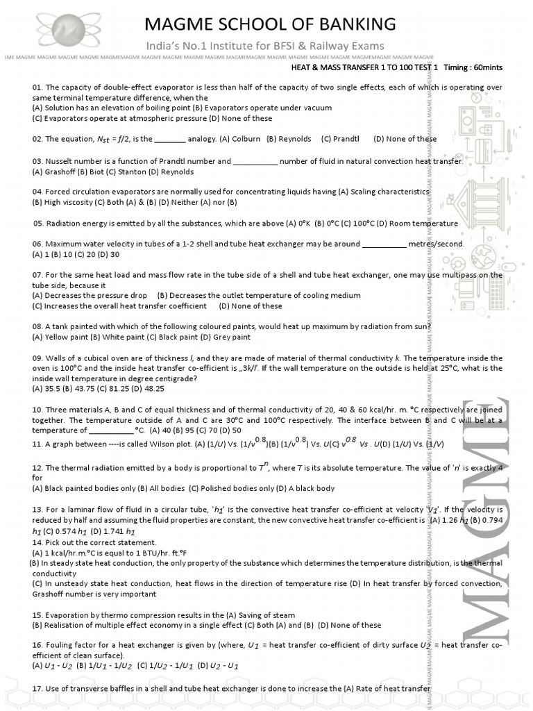 Heat and Mass Transfer MCQ 100 TEST 1 | PDF | Heat Transfer | Thermal ...