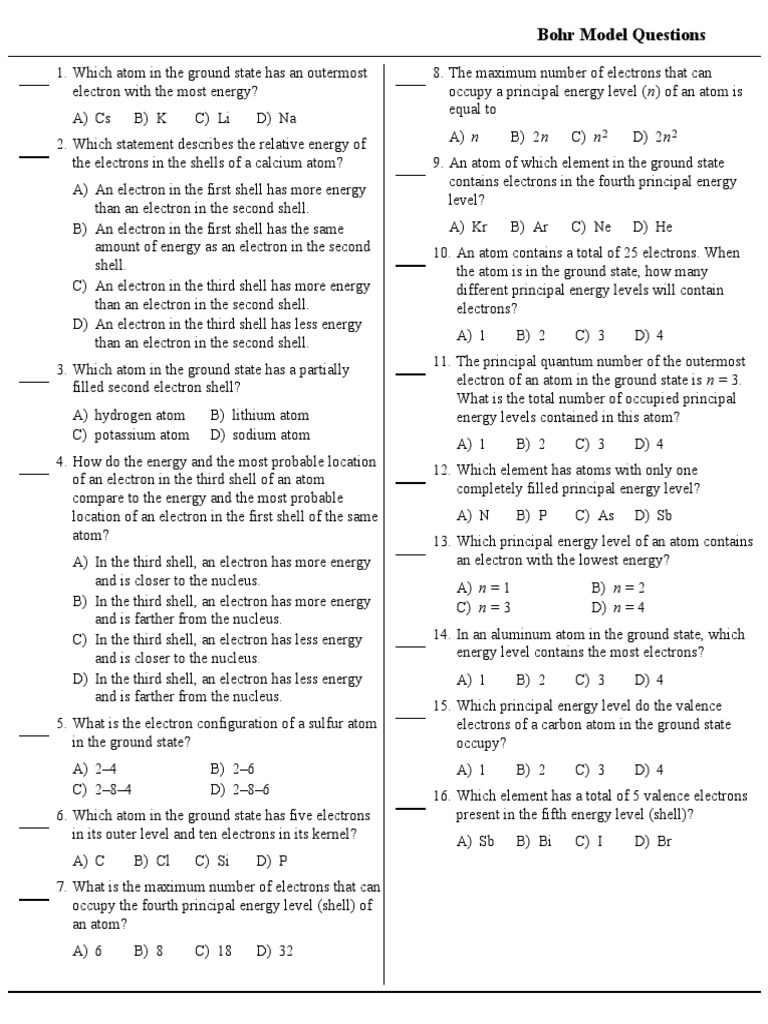 Bohr Model Questions | PDF | Energy Level | Solid State Engineering