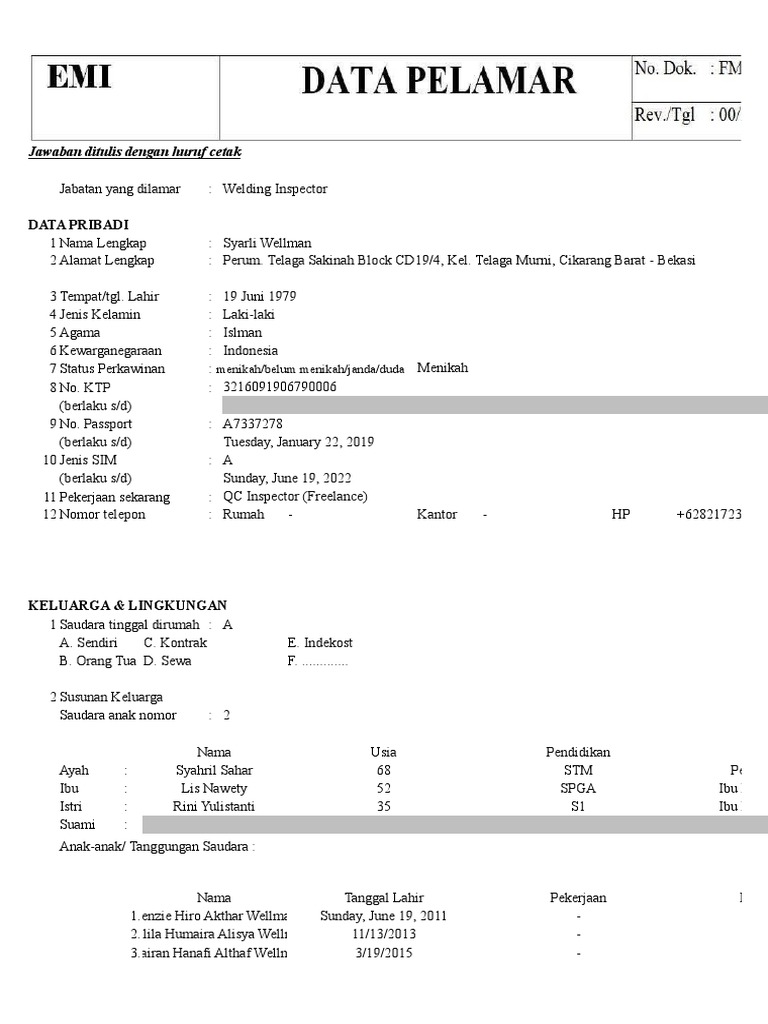 Form Data Pelamar Format Excel | PDF