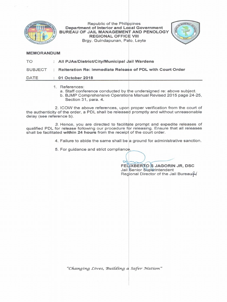 Immediate Release of PDL With Court Order | PDF