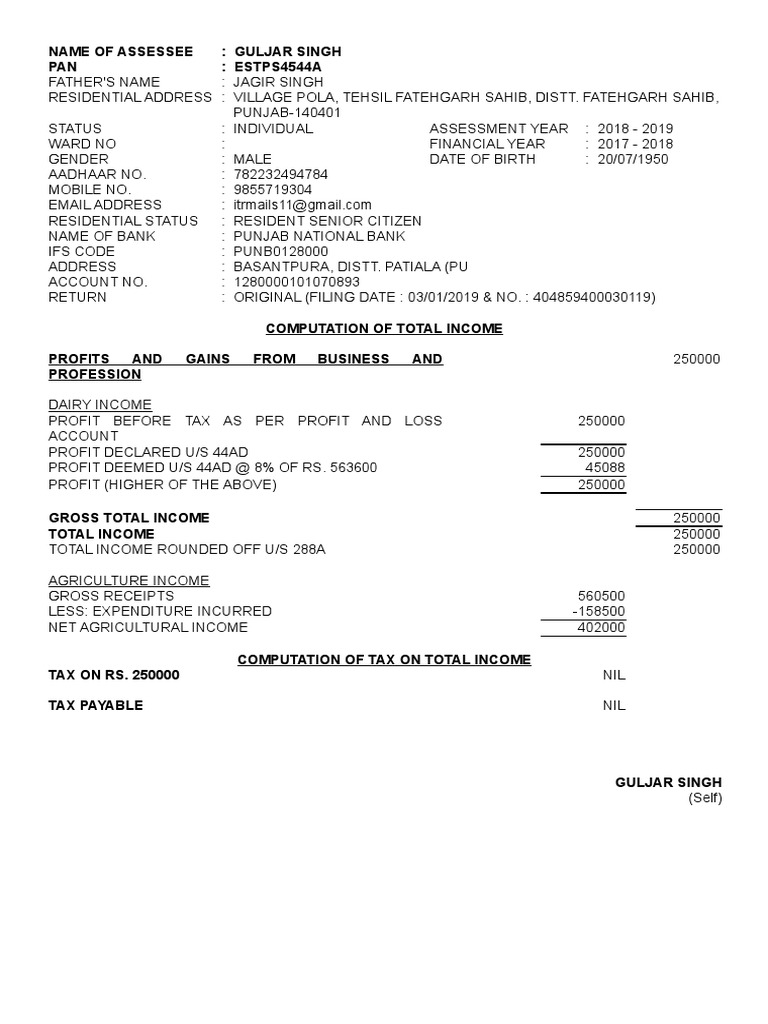 Name of Assessee: Guljar Singh PAN: ESTPS4544A | PDF