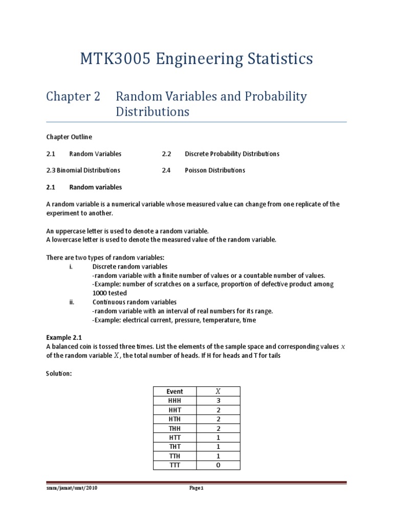 Probability Distributions and Random Variables: An Introduction to the Binomial, Poisson, and ...