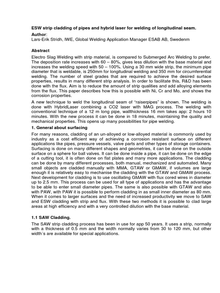 ESW - Strip Cladding + LBW Long. | PDF | Welding | Construction